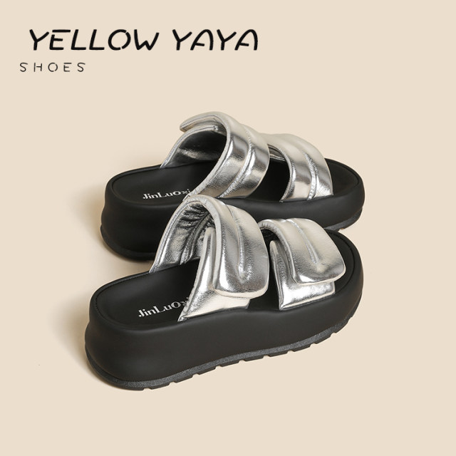 Thick-soled soft elastic one-word slippers for women to wear with ...