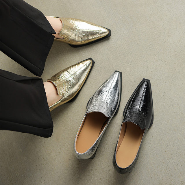 2025 spring new genuine leather thick heel pointed British style small ...
