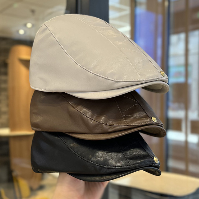 American retro PU cortex forward hat girl autumn and winter fashion ...