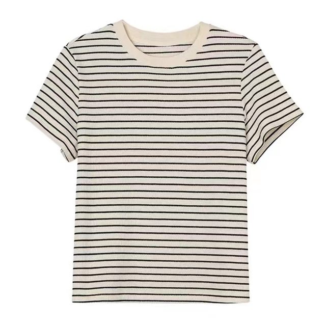Pure cotton waffle striped short-sleeved T-shirt women's ins trend ...