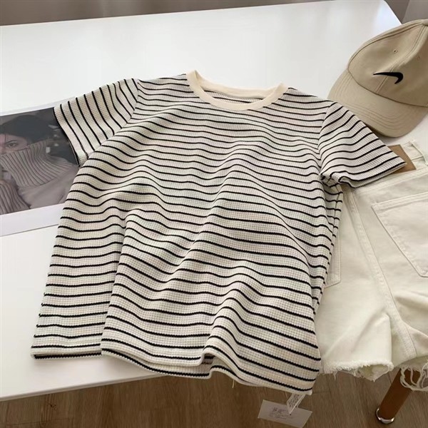 Pure cotton waffle striped short-sleeved T-shirt women's ins trend ...