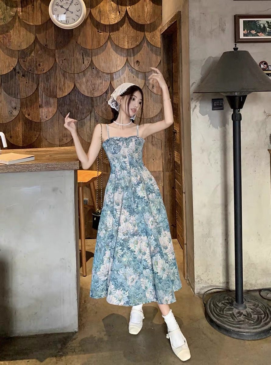 French retro ink painting suspender dress female spring 2024 new ...