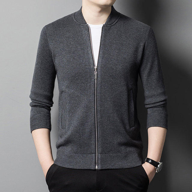 Mulberry silk wool knit zipper jacket solid color pocket baseball ...