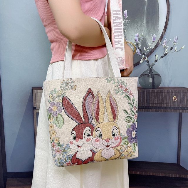 Cartoon rabbit canvas bag, double-sided gold silk jacquard embroidery ...