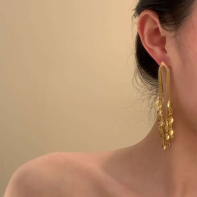 Wheat ears under the sunset~Light luxury golden long tassel earrings ...