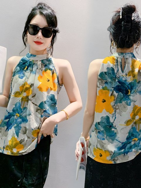French floral hanging neck tangent chiffon top female vest, summer sexy ...