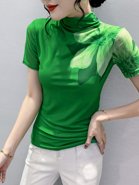 Women's 2024 new fashion printing net gauze T -shirt women's short ...