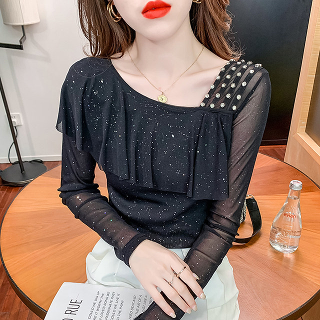 Fashion mesh beaded T -shirt, autumn, ruffled ruffled edges irregular ...