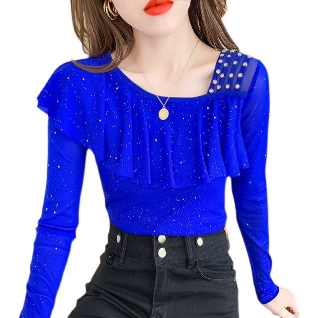 Fashion mesh beaded T -shirt, autumn, ruffled ruffled edges irregular ...