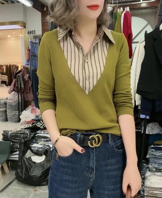 2025 Spring New Design Structured Shirt Fake Two-Piece T-Shirt Women's ...