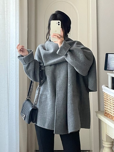 Gray double-sided wool scarf cloak coat for women autumn and winter new ...