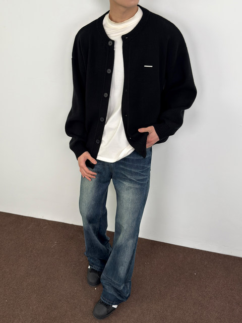High-end lazy style heavy baseball collar cardigan sweater men's spring ...