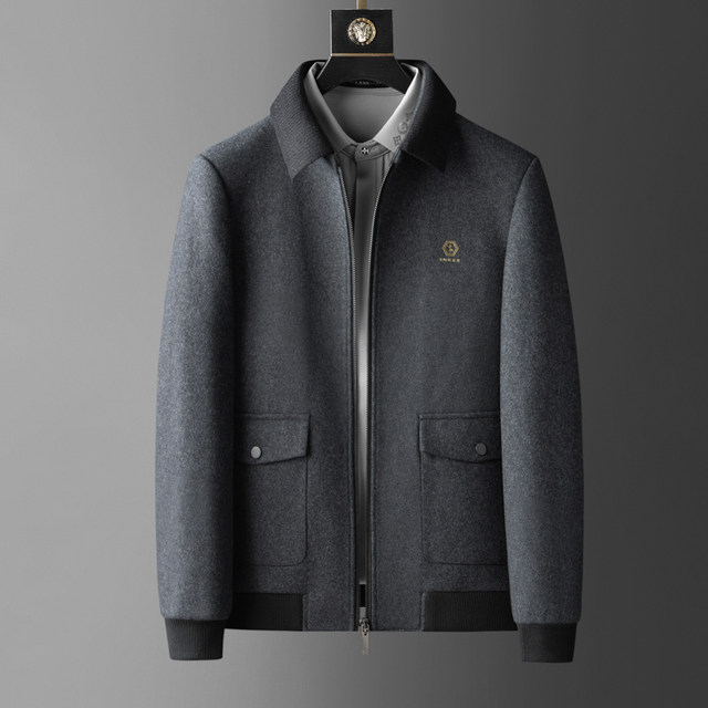 Business casual lapel warm wool jacket men's fashion solid color anti ...