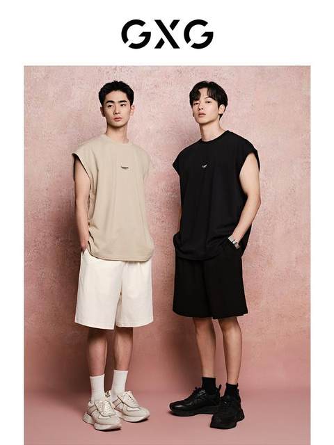 GXG men's clothing 24 summer new heavy water washing neck vest texture, knitted casual shorts ...