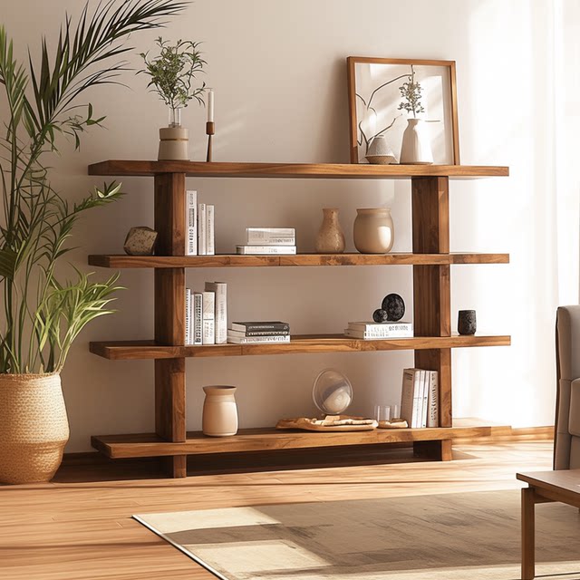 Floor-standing shelf Solid wood bookcase Bookcase Wall Living room ...
