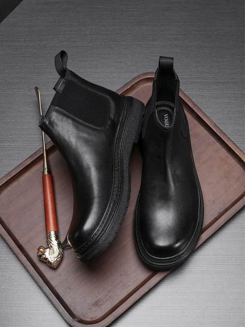 Men's high -top Chelsea boots autumn and winter leather thick sole ...