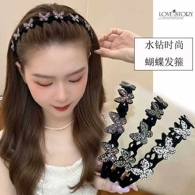 New rhinestone butterfly flocked headband with bangs, broken hair, wavy ...