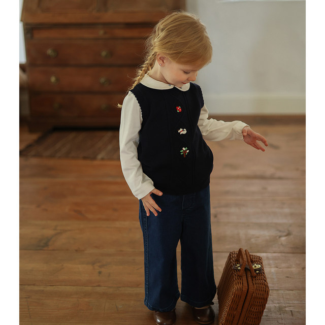 Baby Kindergarten Versatile Knitted Vest Jeans Shirt Set Girls Vest ...