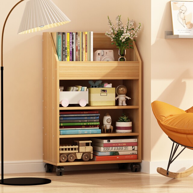 Bookshelf floor-standing storage rack movable wheeled tableside wooden ...