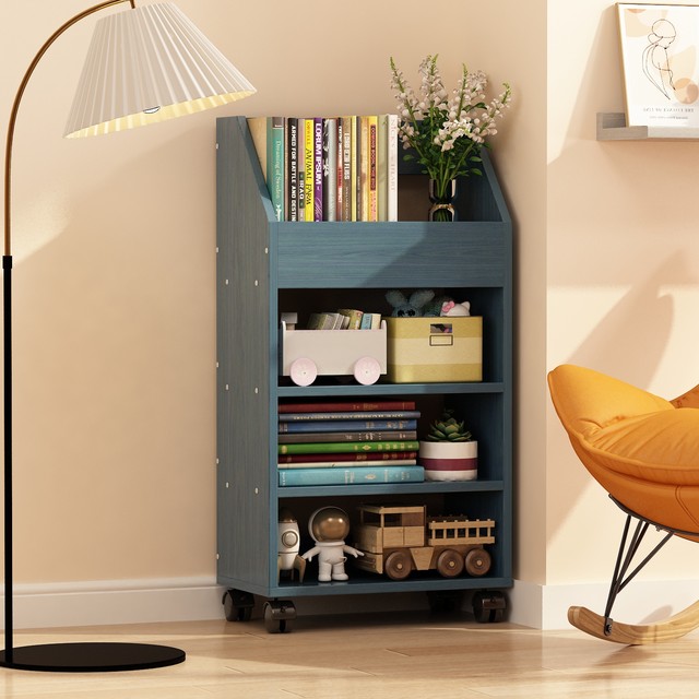 Bookshelf floor-standing storage rack movable wheeled tableside wooden ...