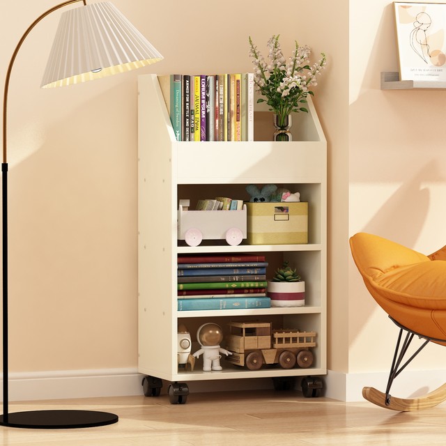 Bookshelf floor-standing storage rack movable wheeled tableside wooden ...