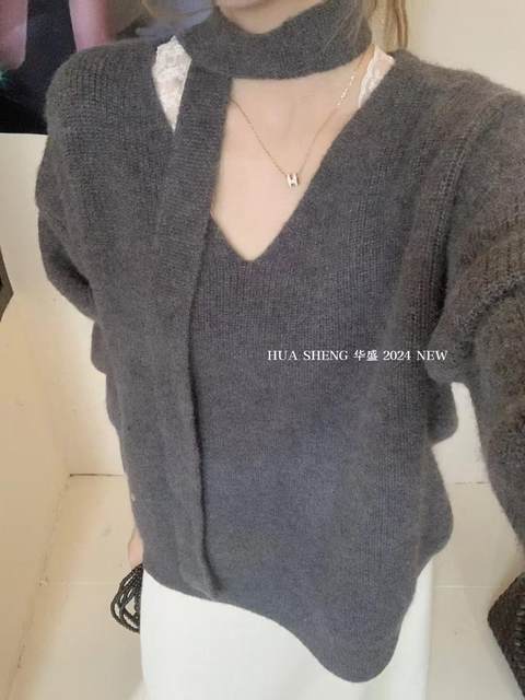 Lazy style V-neck slimming knitted sweater with ribbons for women 24 ...