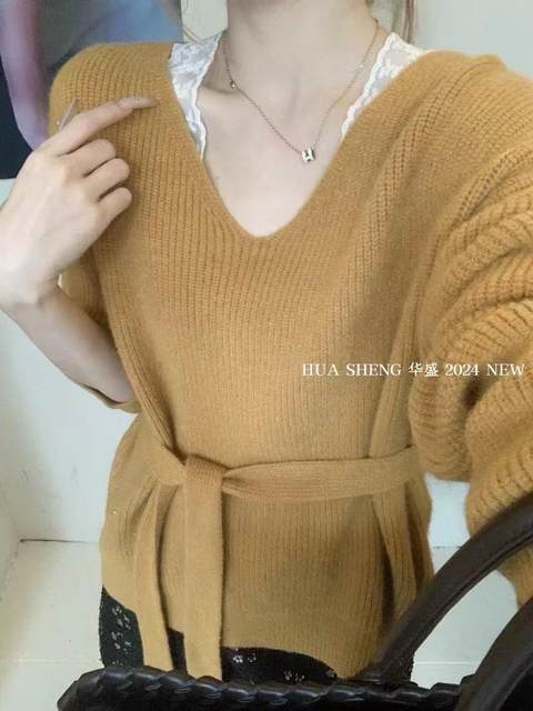 Lazy style V-neck slimming knitted sweater with ribbons for women 24 ...