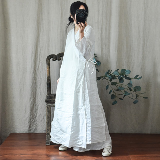 2021 Chinese style v-neck white ramie lace Hanfu layman yoga Zen suit ...