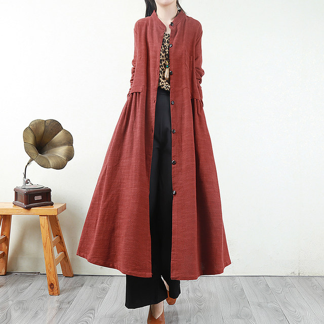Retro literary linen women's windbreaker coat in spring long ...