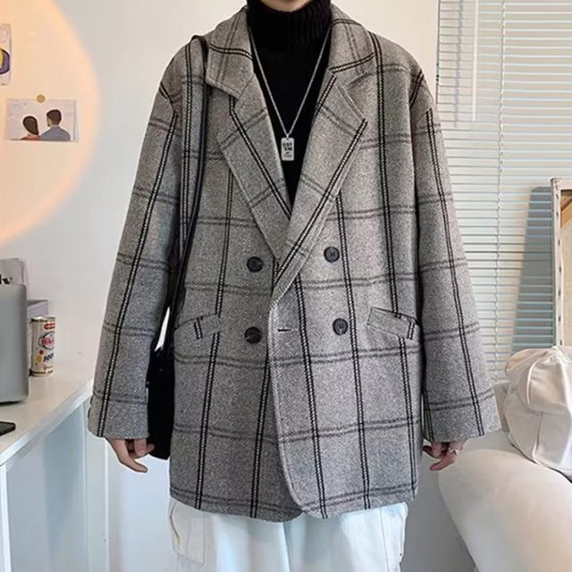 Mid -length lattice grid woolen coat men's Yingxiangfeng coat Oversize ...
