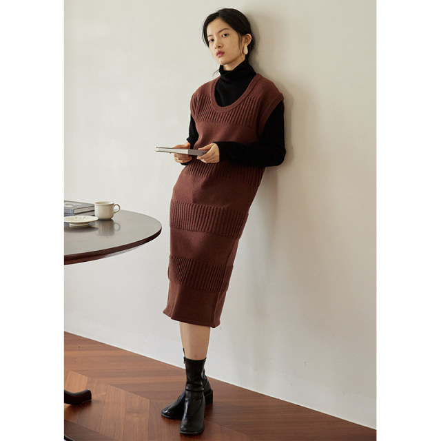 Arctic velvet loose U -neiler sleeveless knitted dress female long ...
