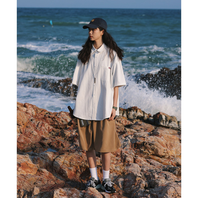 KOUEMGI air flavor Japanese summer retro solid color short-sleeved shirt men's loose oversize ...