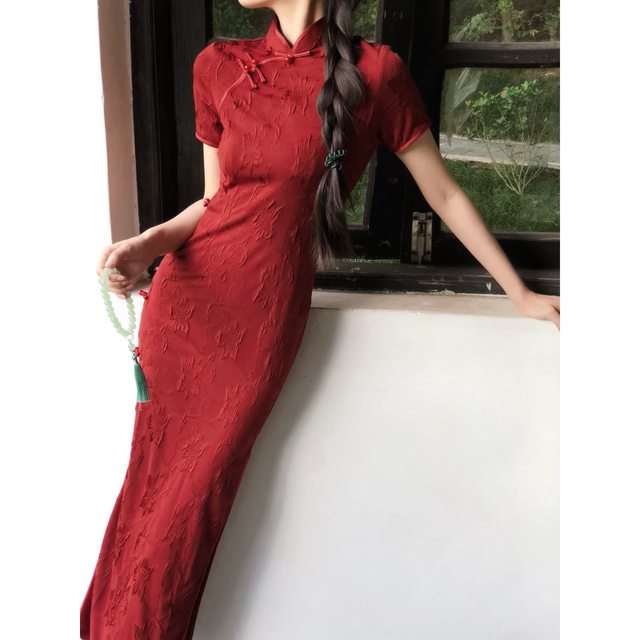 Juli's Yan Ran Zhi Xi' retro red dark pattern slimming cheongsam dress ...