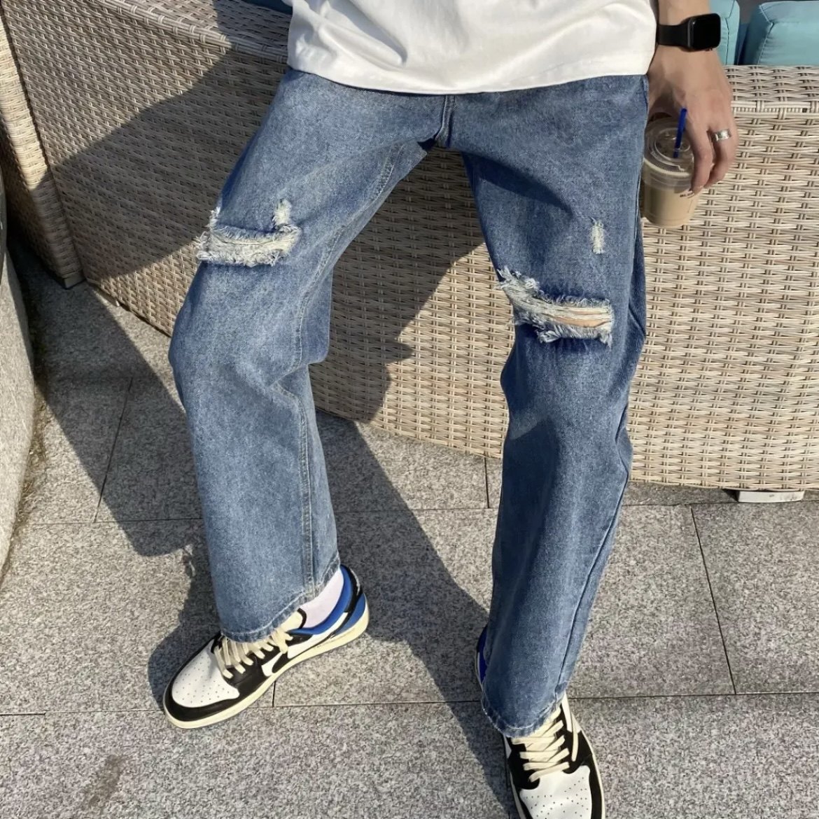 Spring and summer light dark blue Korean style wash loose ripped jeans