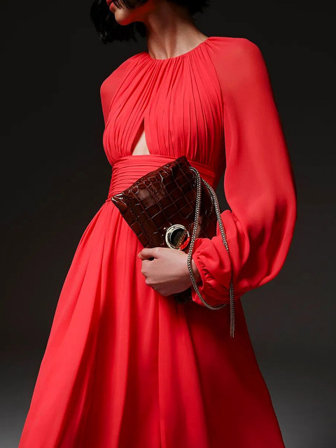 High-end light luxury niche red dress women's long-sleeved dress ...
