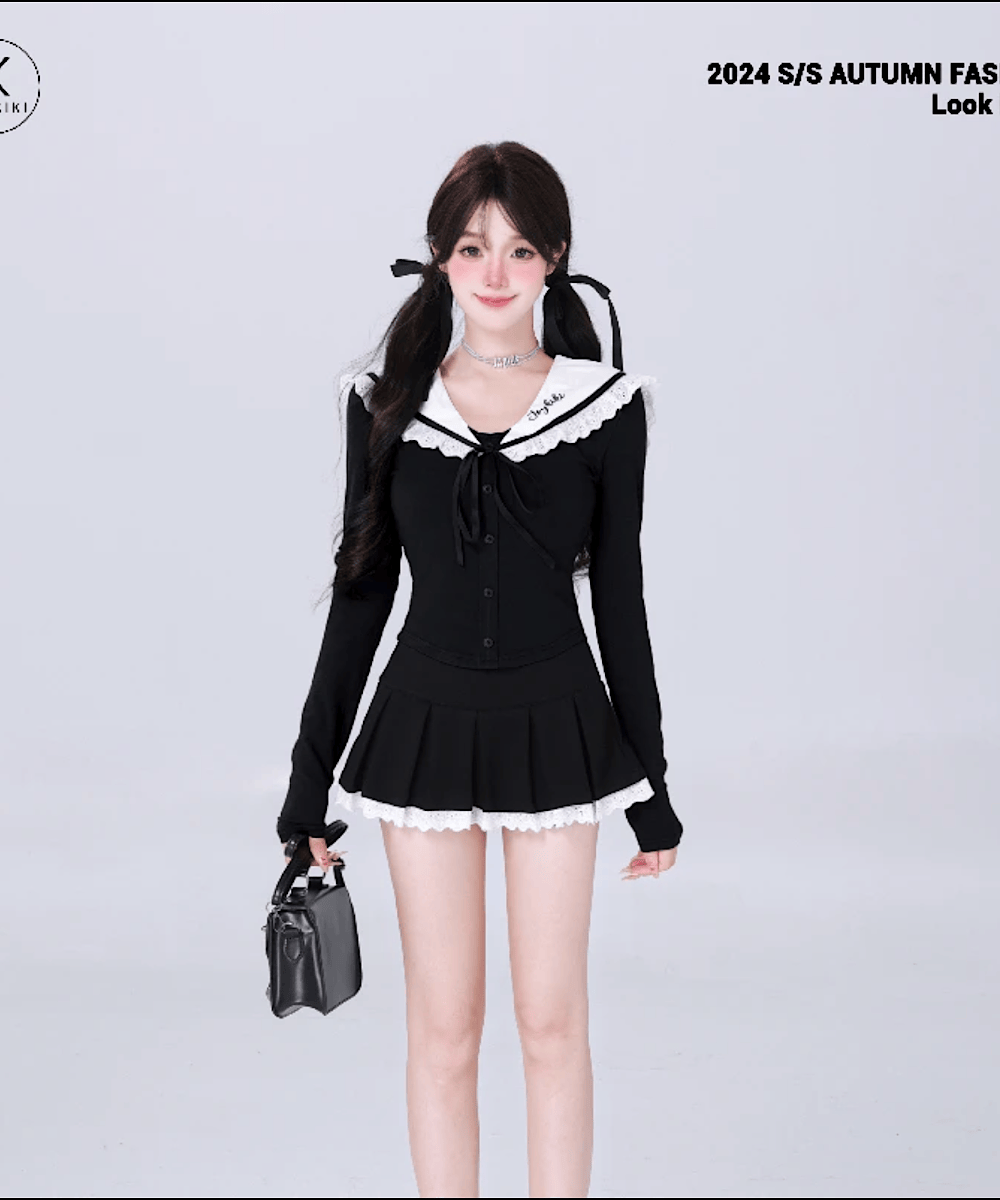 JOY KIKI Jinjin Fat MM retro slim autumn college style spliced navy collar top