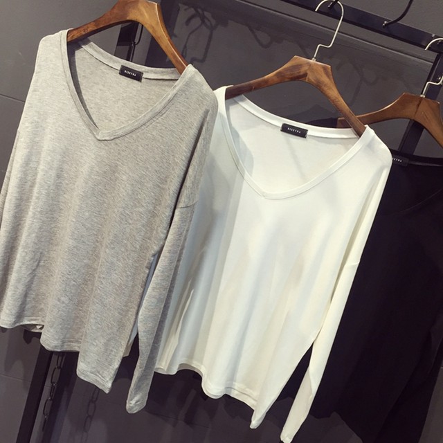 Modal large V-neck long-sleeved T-shirt for women in summer loose slim ...