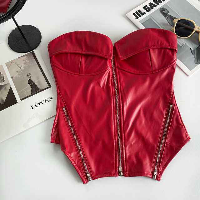 Retro sexy pure and sexy hot girl strapless PU leather vest for women ...
