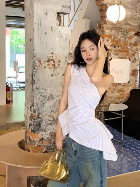 Irregular hem striped slanted shoulder vest for women in summer design ...