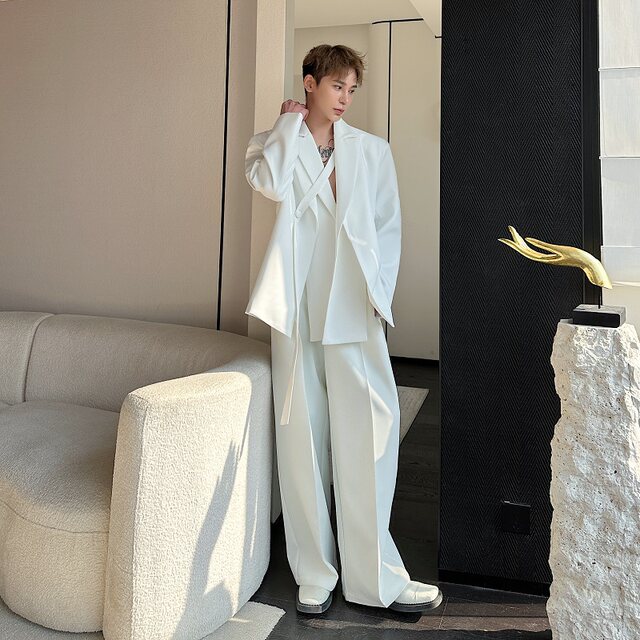 2025 Spring Niche Double Collar Strap Suit Set Men's Design Sense Wide ...