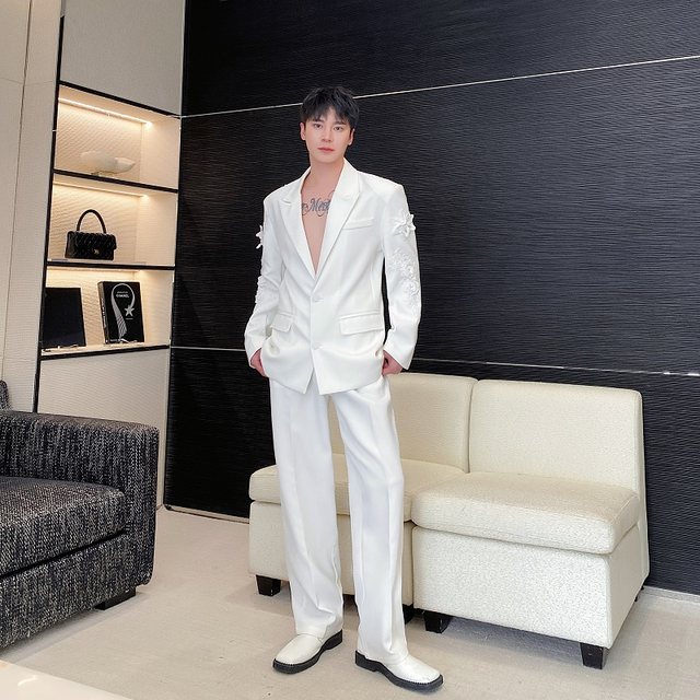 High-end embroidery technology see-through suit suit men's niche Korean ...