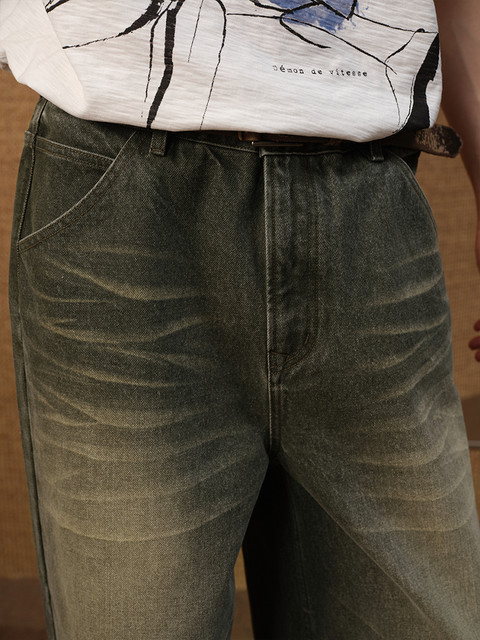 JCAESAR DENIMS ash green jeans natural cat whiskers handmade 13OZ straight trousers