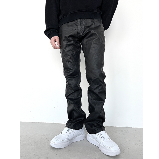 JCAESAR original high street RO horn coated stacked straight jeans American waxed black trousers