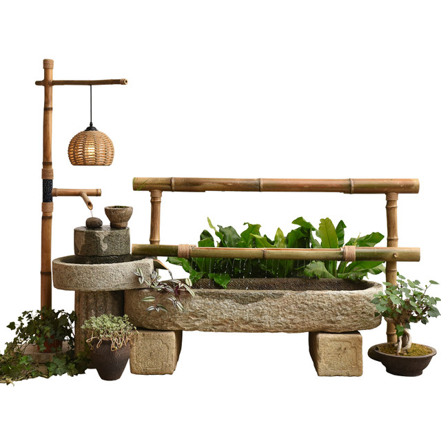 Old stone trough flowing water decoration landscaping combination ...