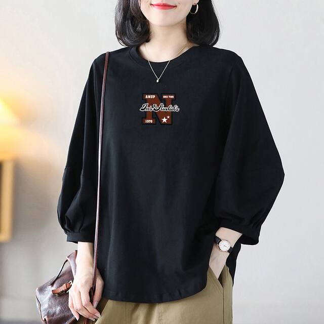 Cotton black seven -point sleeve T -shirt women loose 2025 new early ...