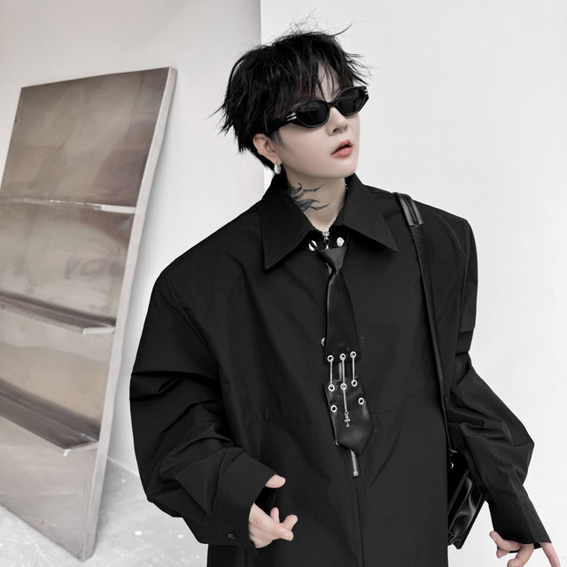 ins trendy brand high-end shoulder pad shirt men's long-sleeved Korean ...