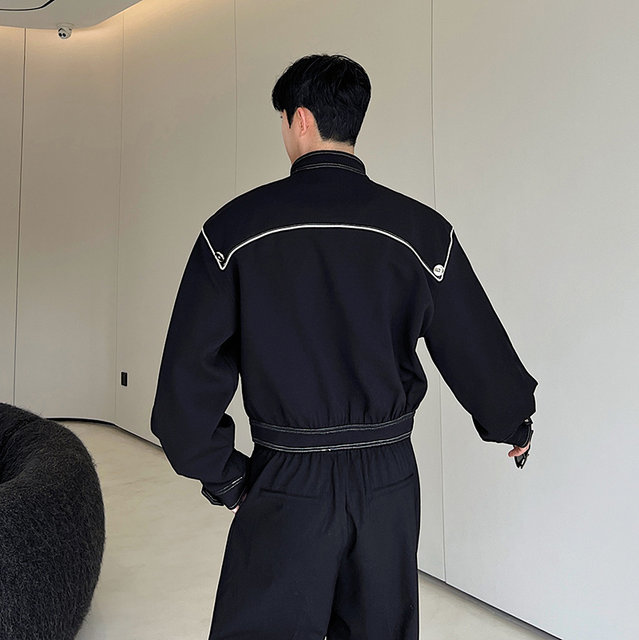 Autumn designer niche stand-up collar patchwork diagonal pocket short ...