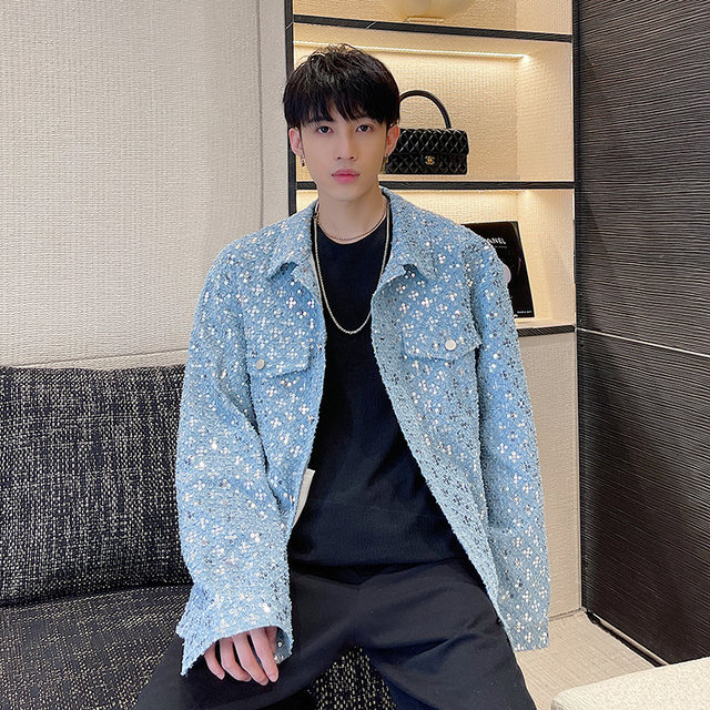 GD sequined shiny street gangster handsome denim jacket men's Korean ...