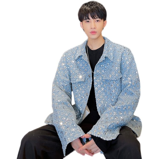 GD sequined shiny street gangster handsome denim jacket men's Korean ...