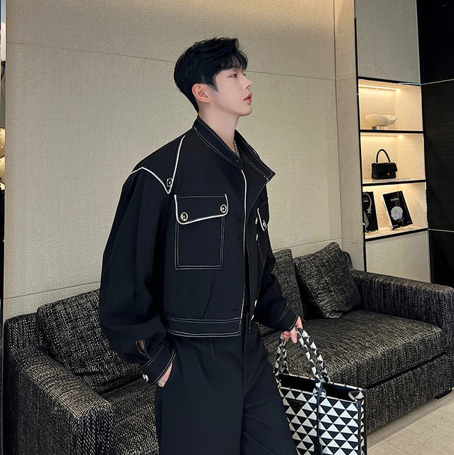 Autumn designer niche stand-up collar patchwork diagonal pocket short ...